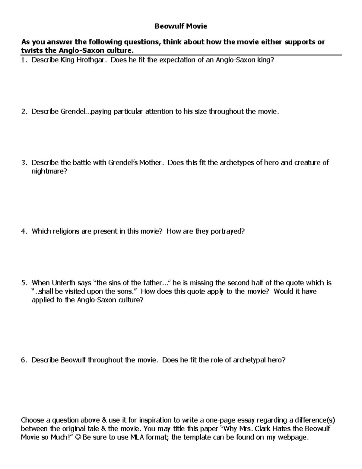 Beowulf Movie Questions and Essay - Beowulf Movie As you answer the ...