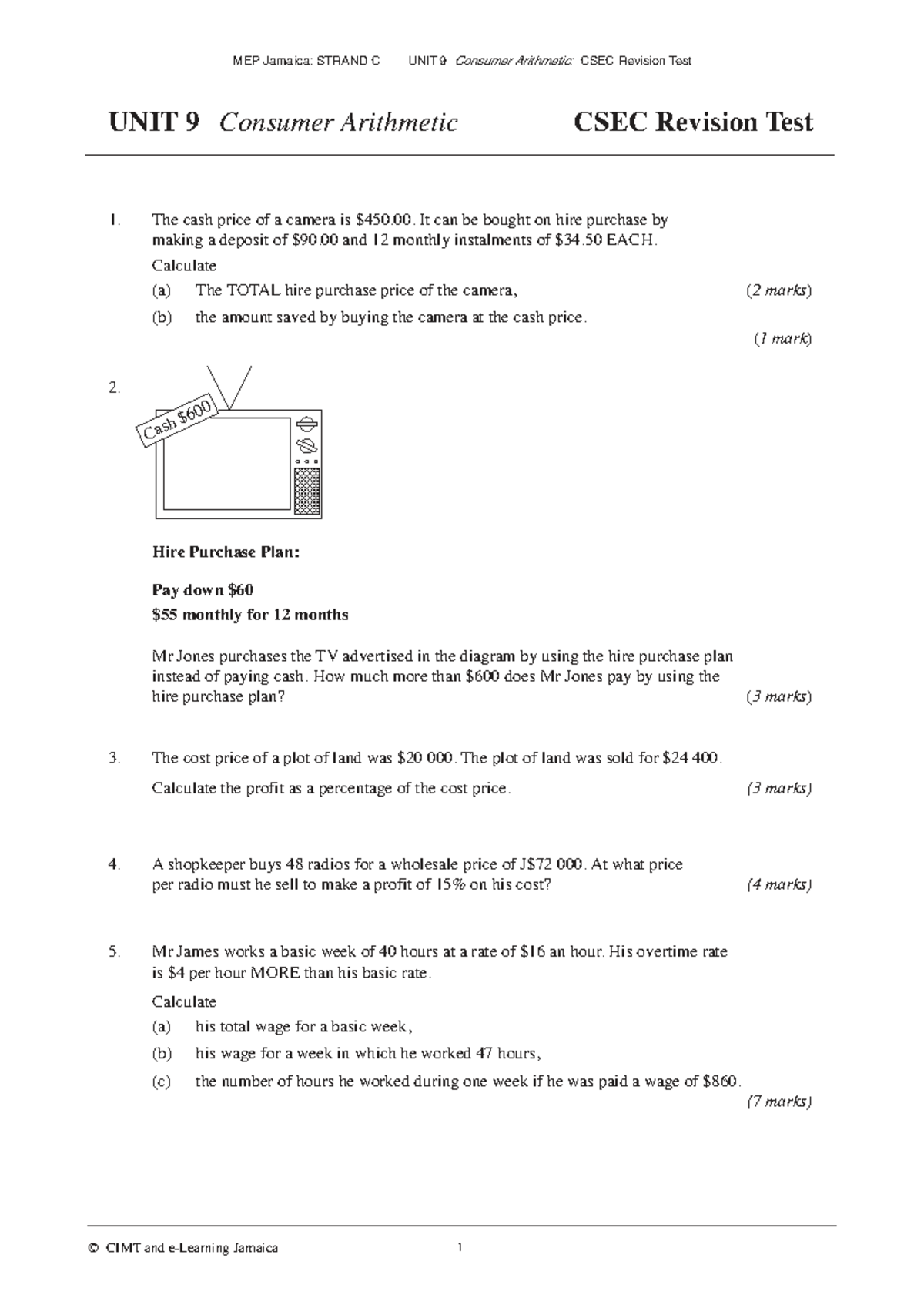 CSEC Revision Test: Consumer Arithmetic Unit 9 - MEP Jamaica - Studocu