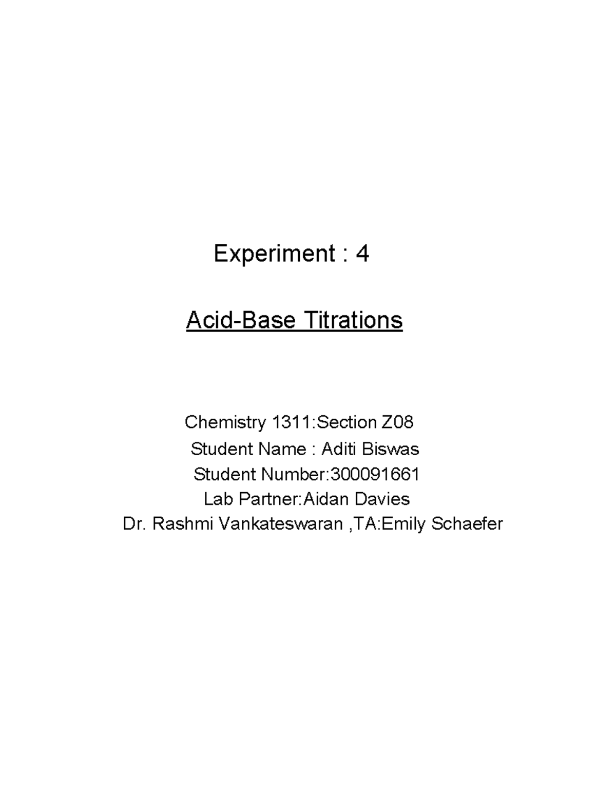CHM1311-Lab 4,Acid-Base titration - Experiment : 4 Acid-Base Titrations ...