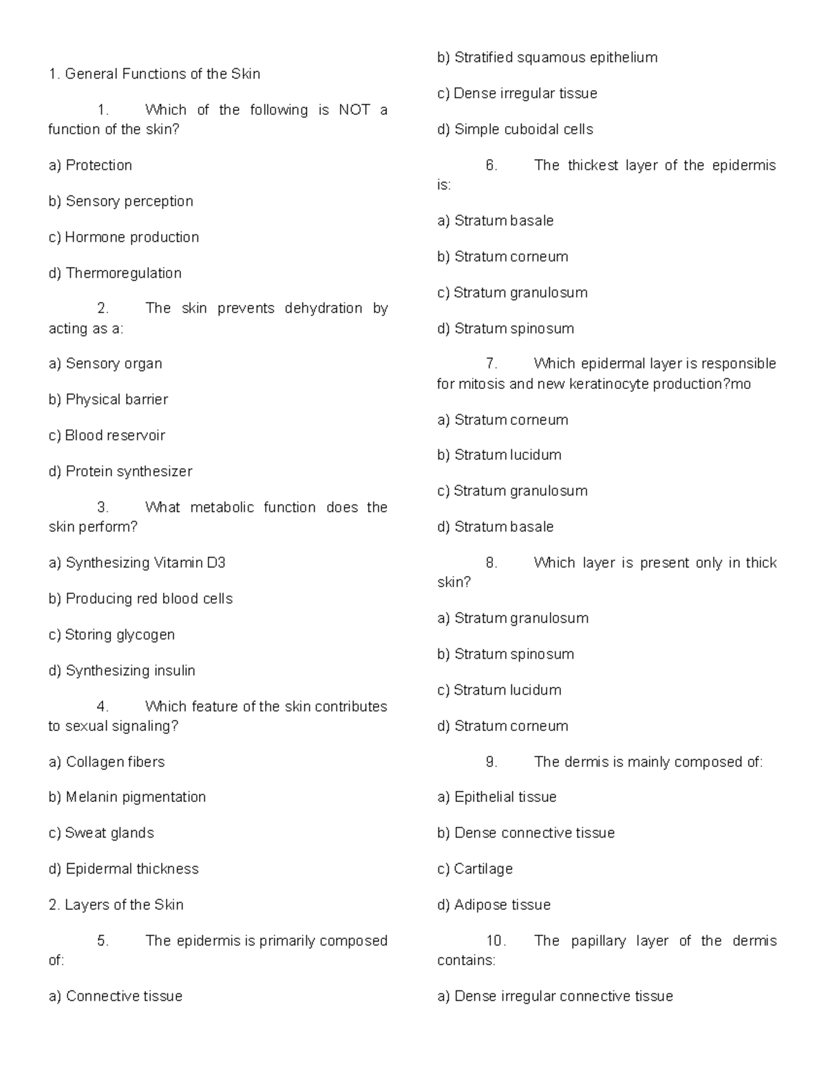 Histology of Skin: Functions, Layers, and Disorders - Post Test - Studocu