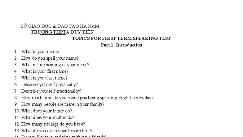 Speaking Topics - Final Exam for First Term Test - Studocu