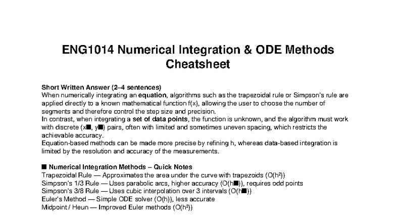 ENG1014 Numerical Integration & ODE Methods Cheatsheet - Studocu