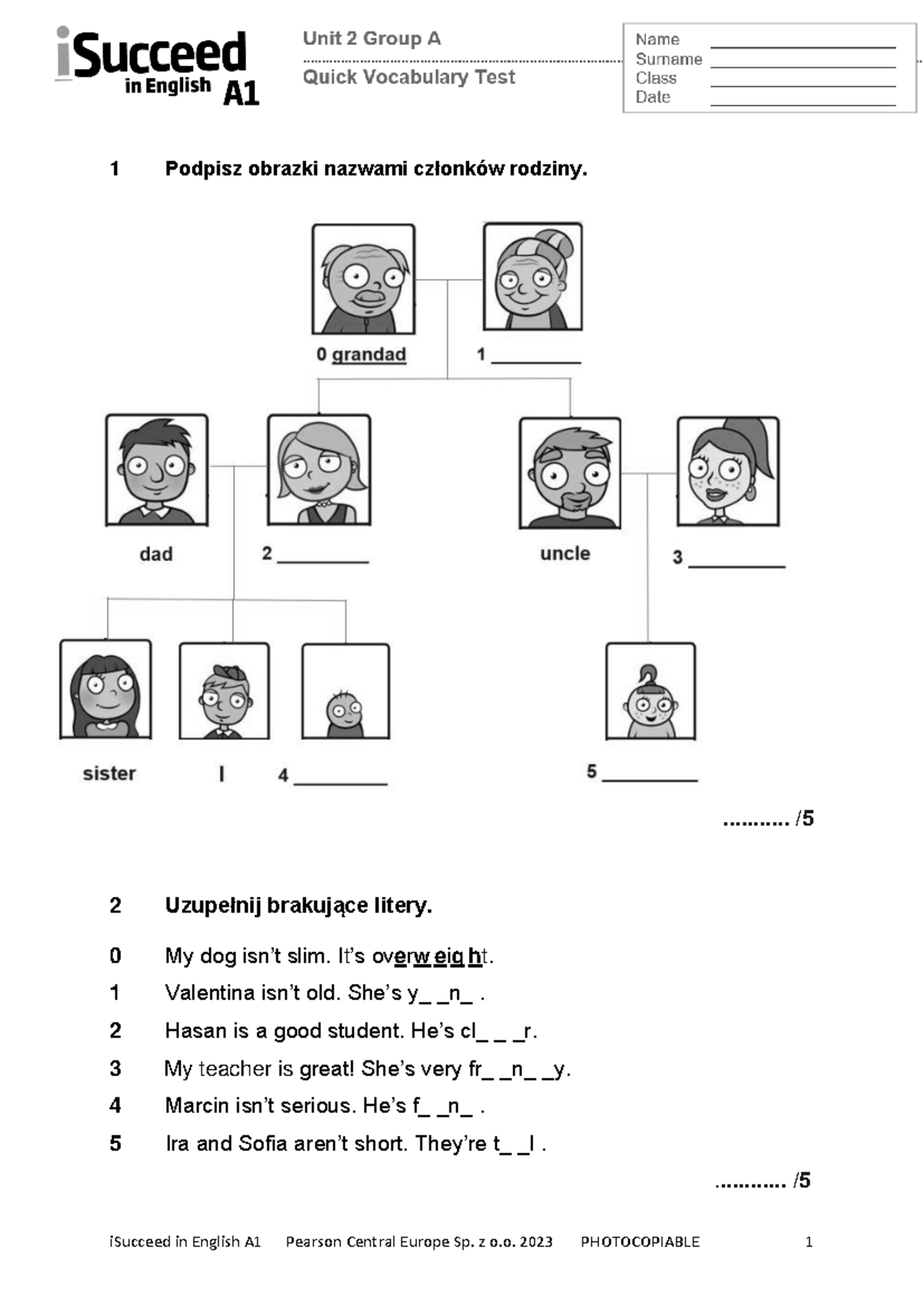 I Succeed A1 Unit 2 Quick Test: Vocabulary Group A - Studocu