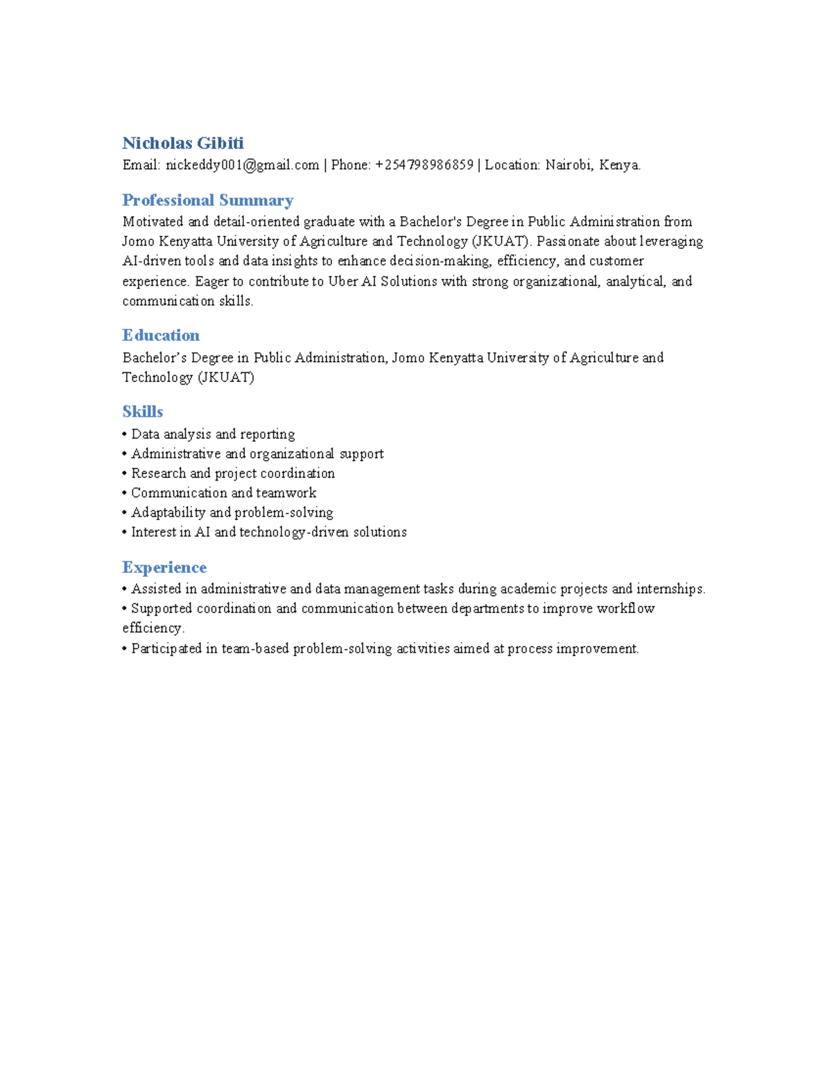 Resume Writing Sample for Public Administration Graduate - Studocu