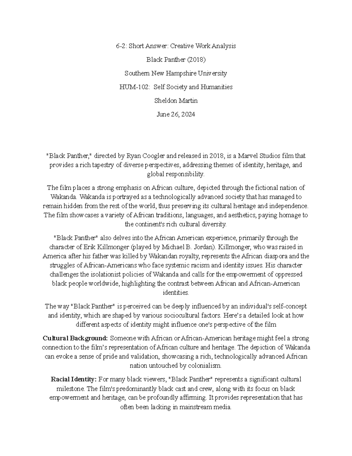 HUM-102: Short Answer Analysis of "Black Panther" (2018) - Studocu