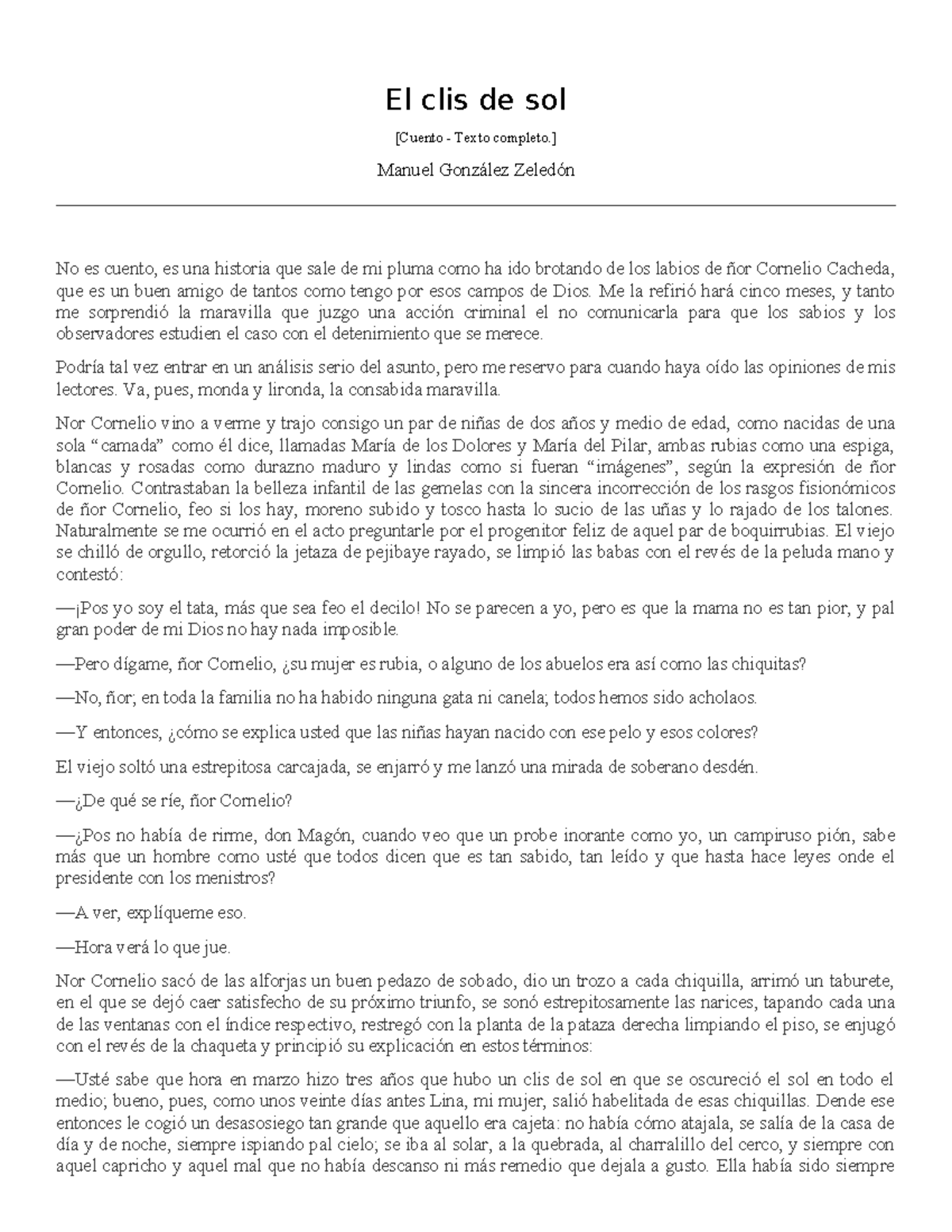 Cuento El Clis del Sol - Texto Completo de Manuel González Zeledón ...