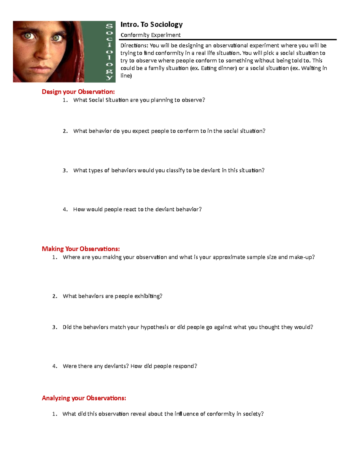 Conformity Experiment Design for Introduction to Sociology Coursework ...