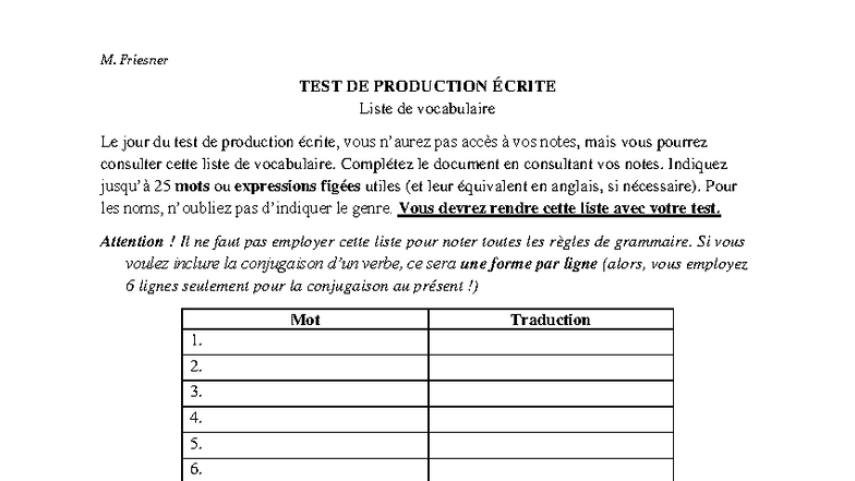 Feuille de vocabulaire - M. Friesner TEST DE PRODUCTION ÉCRITE Liste de ...