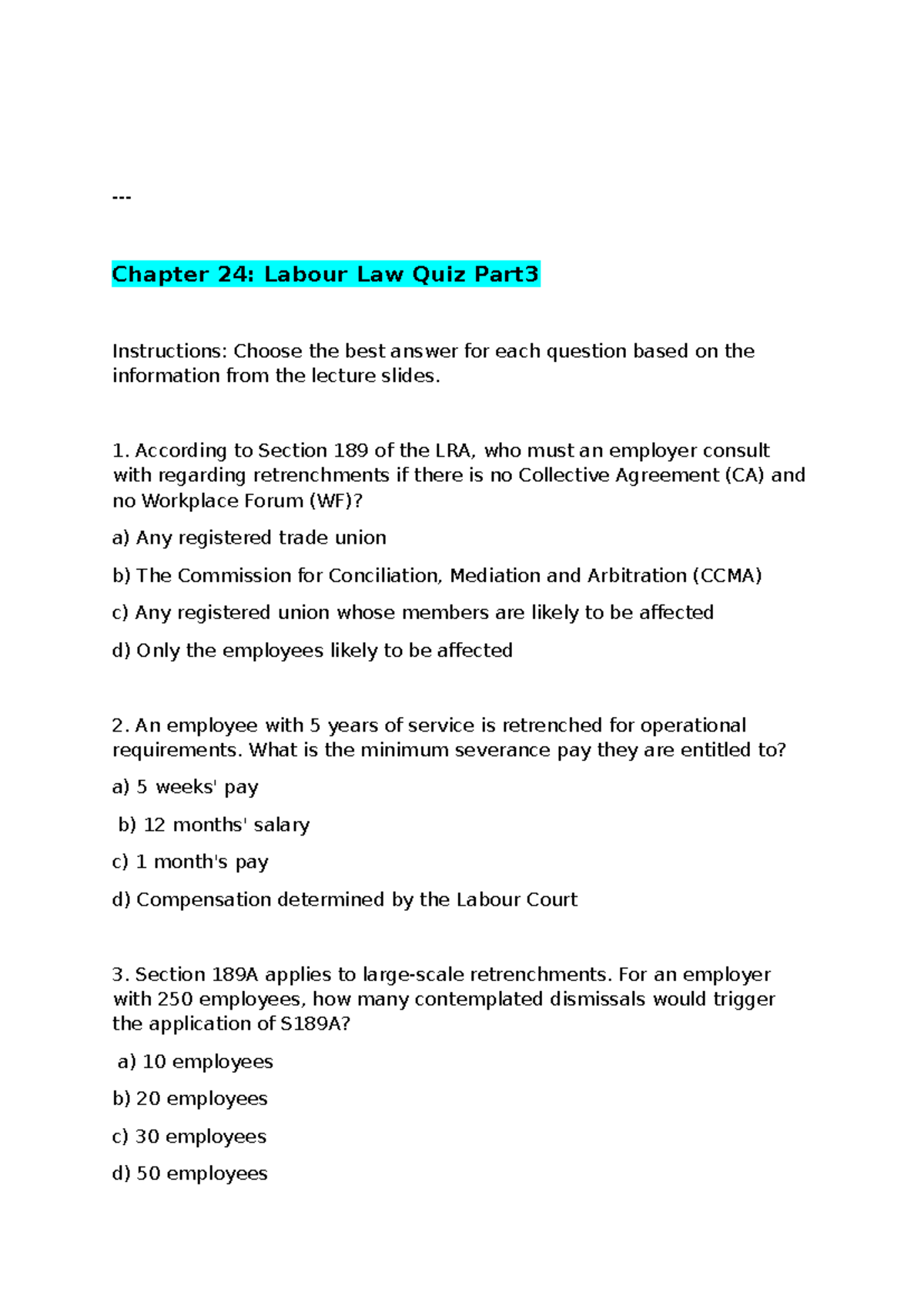 Labour Law Quiz Part 3: Key Concepts and Answers - Studocu