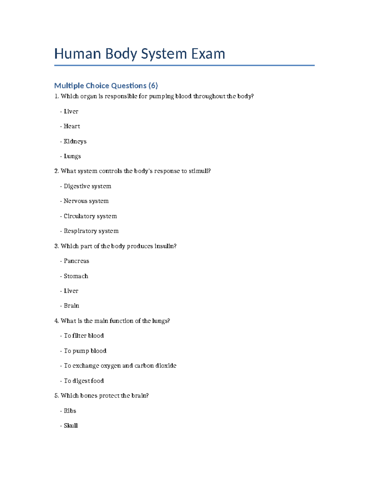 Human Body System Exam MCQs - USALO - Studocu