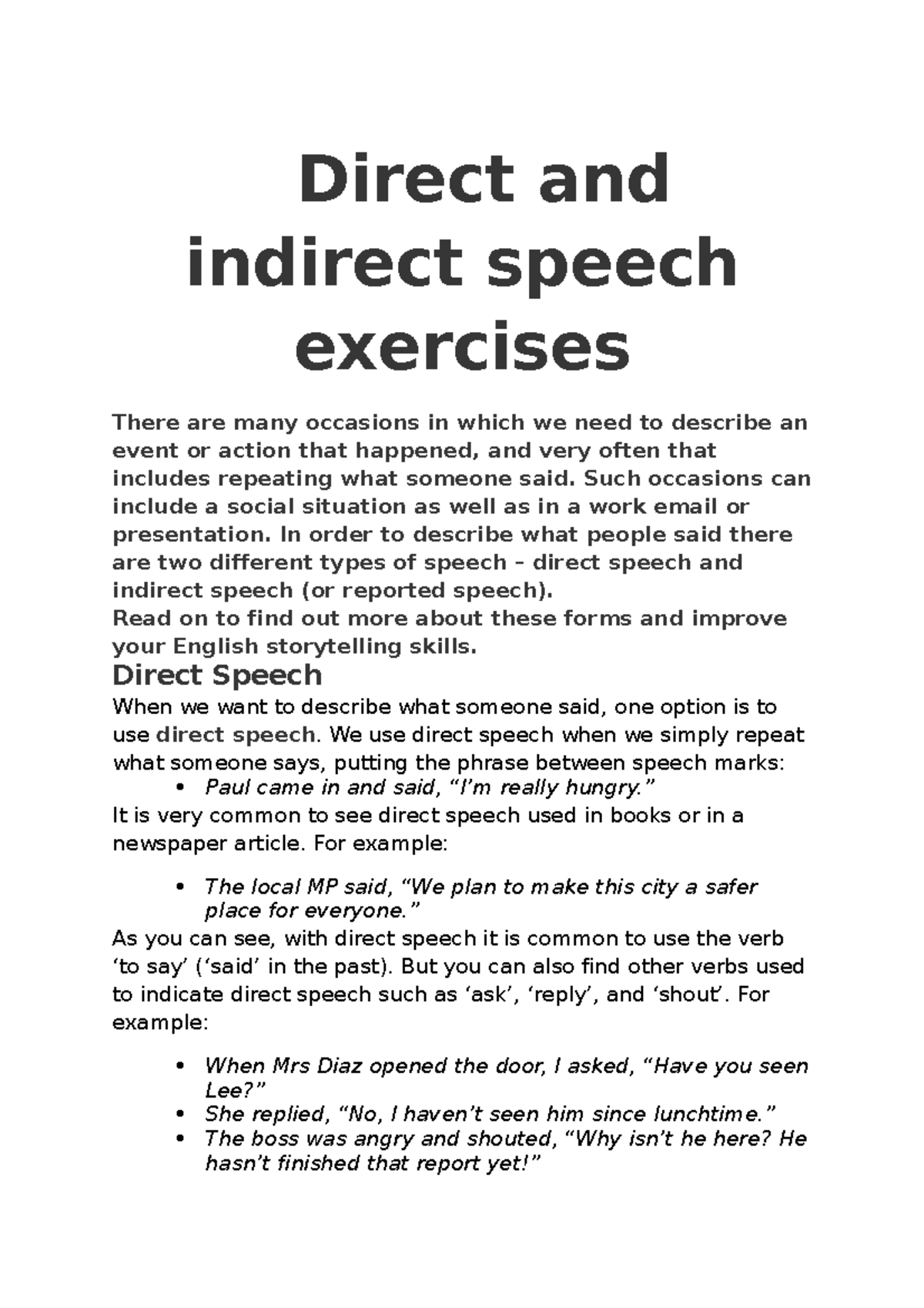 ENG101: Direct and Indirect Speech Exercises for Improved Storytelling ...