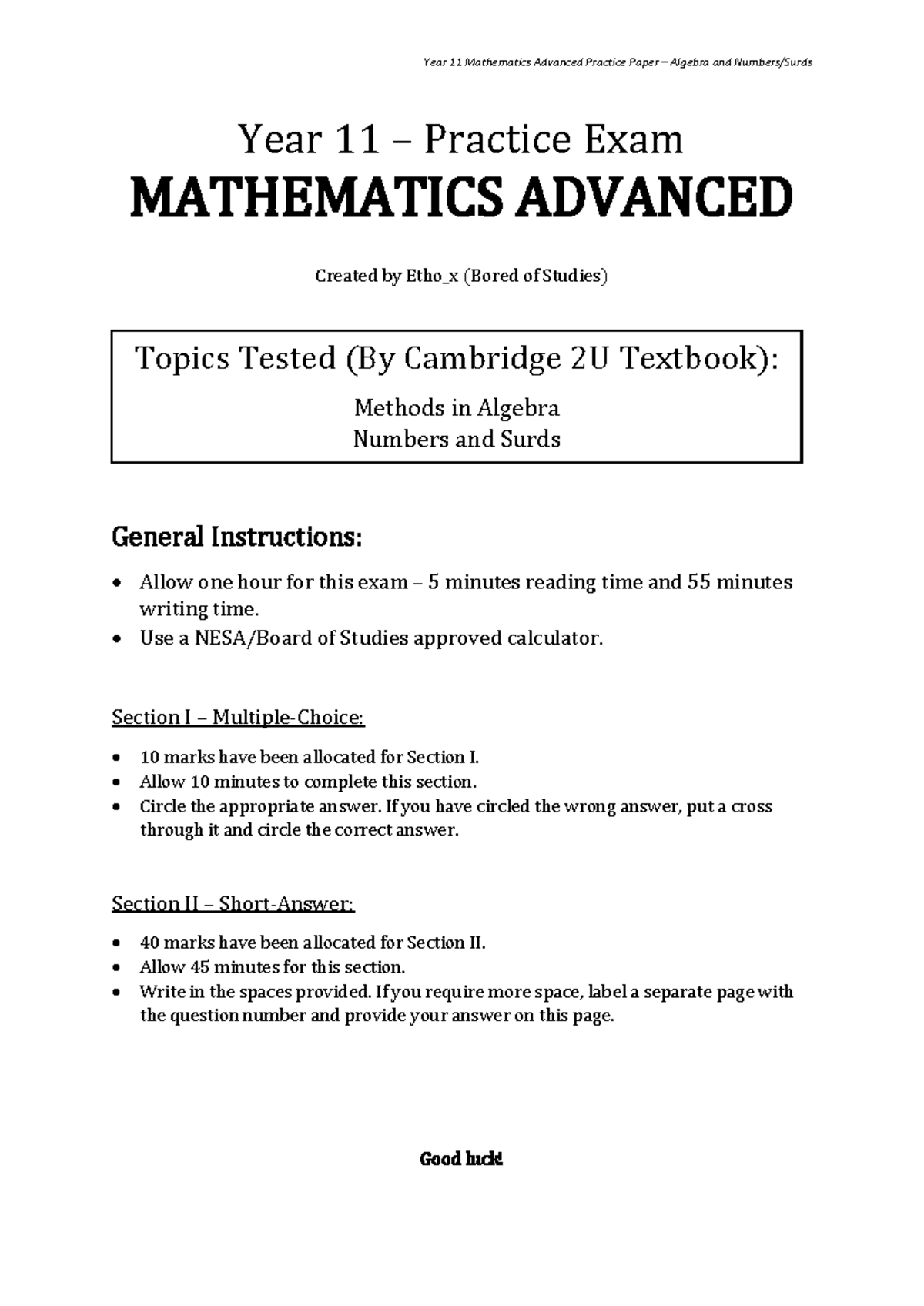 Year 11 Mathematics Advanced Practice Exam: Algebra & Surds - Studocu
