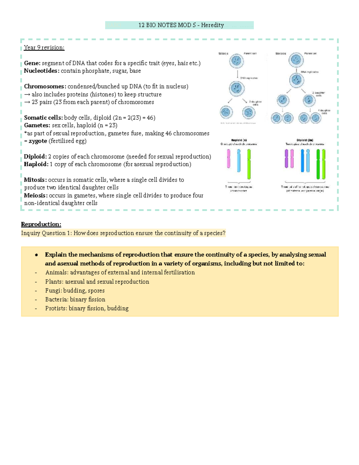 12 BIO MOD 5 REVISION NOTES: GENETICS & REPRODUCTION - Studocu