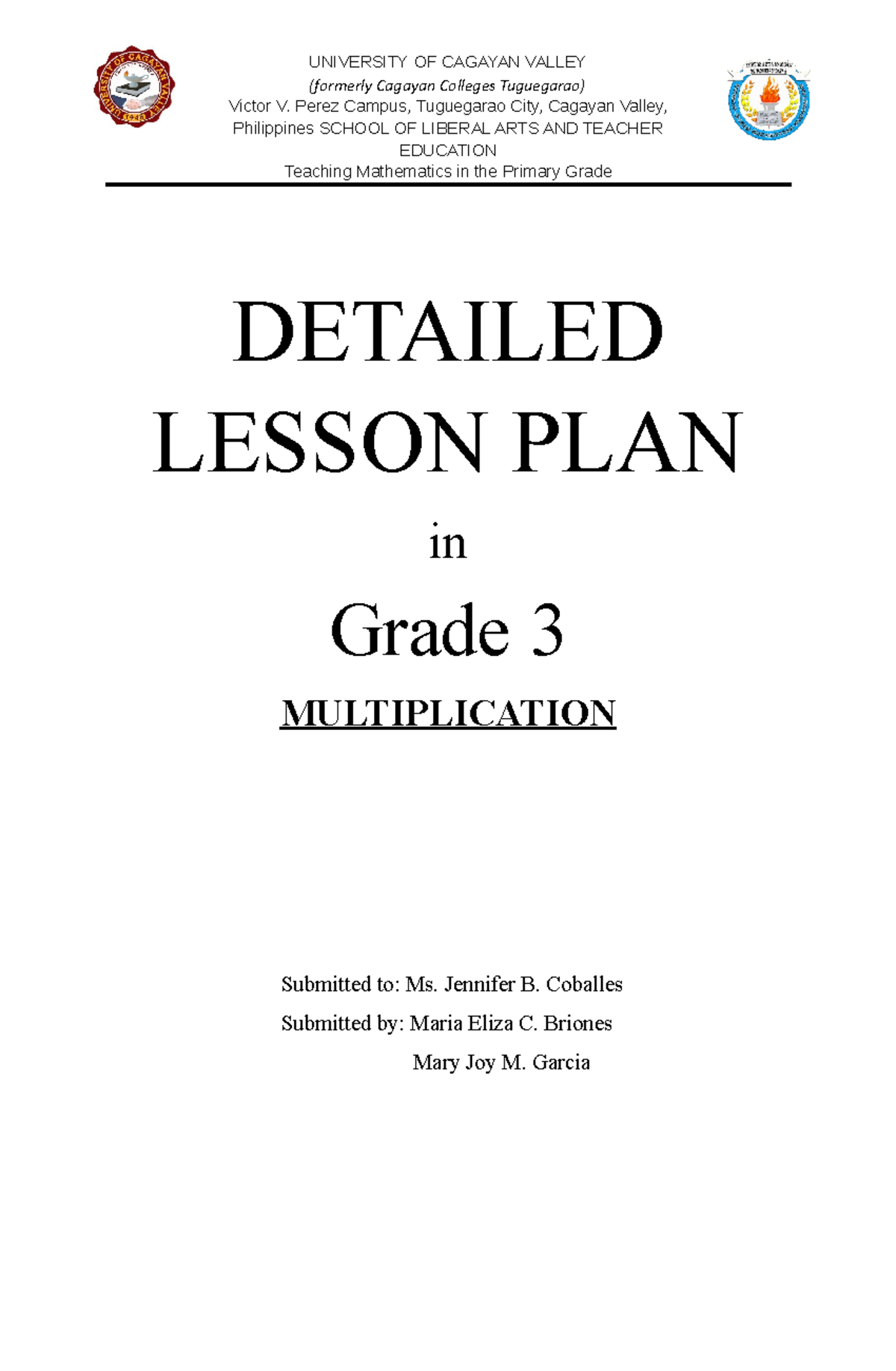 Final Lesson Plan: Multiplication for Grade 3 (MATH-G3) - Studocu