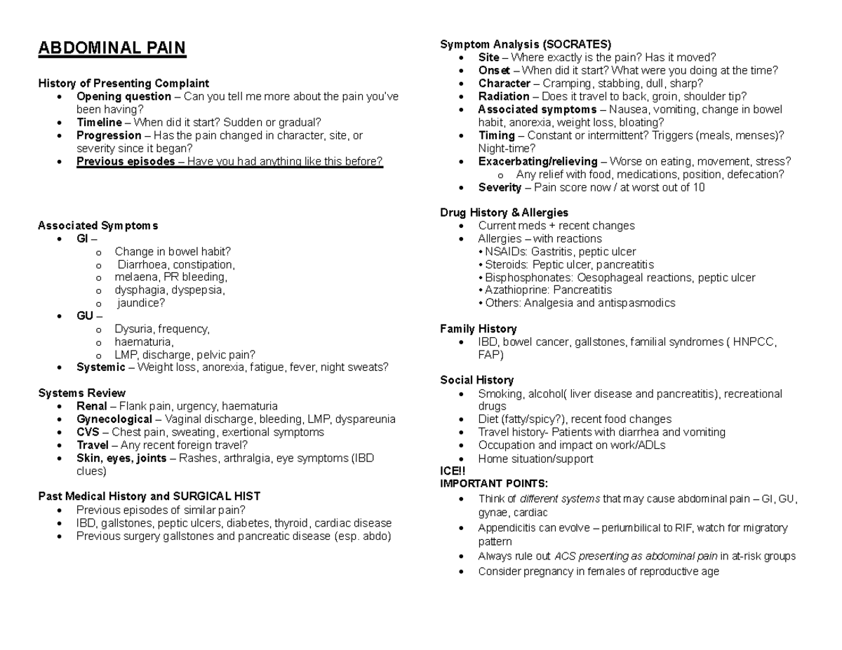 Abdominal Pain Assessment and Management Notes - MED 101 - Studocu