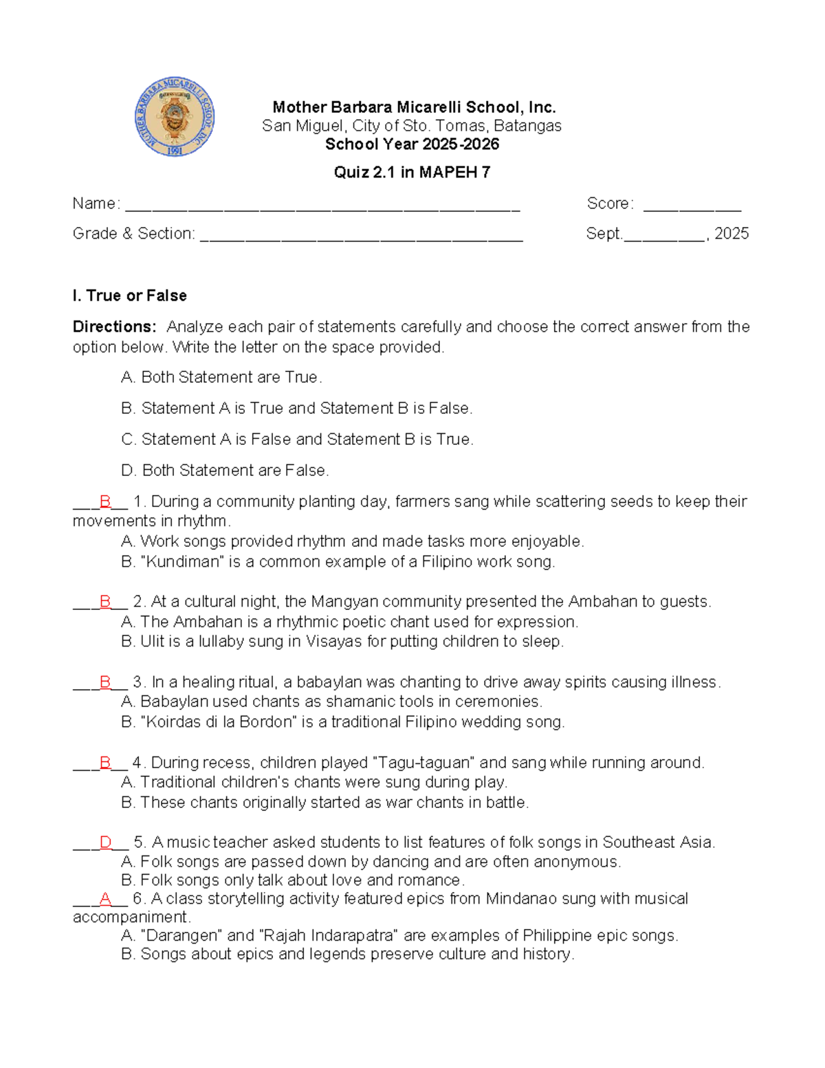 MAPEH 7 Quiz 2.1: True or False & STEM Option Variety - Studocu
