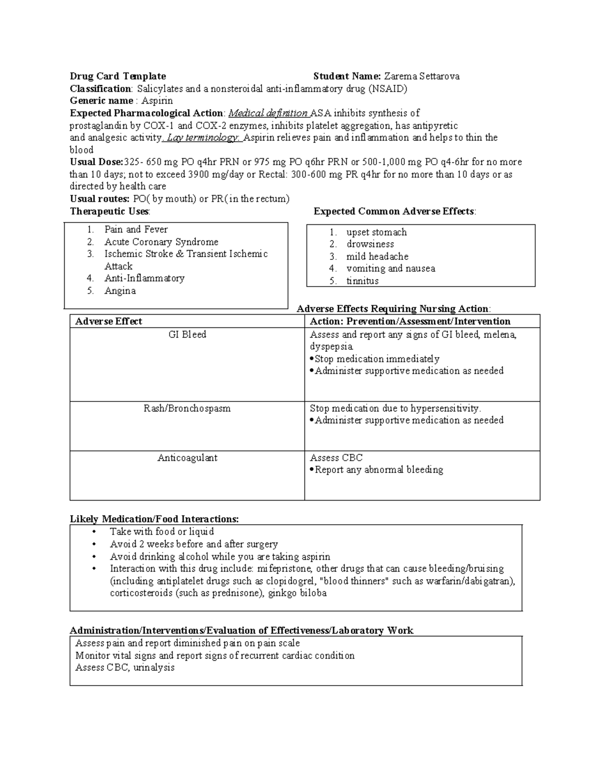 Aspirin Medication Template - Drug Card Template Student Name: Zarema ...