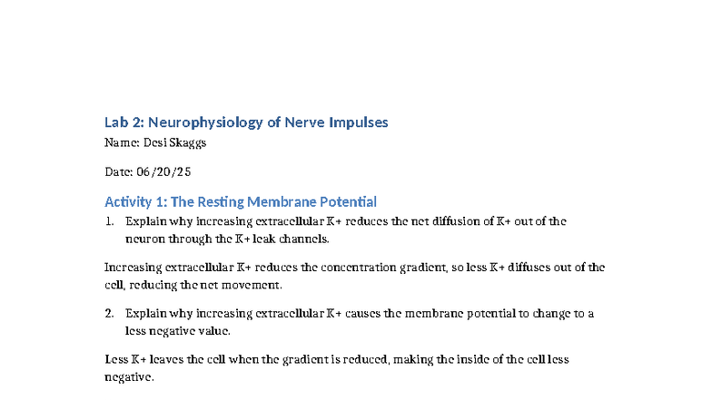 Lab 2: Neurophysiology of Nerve Impulses - Detailed Analysis - Studocu