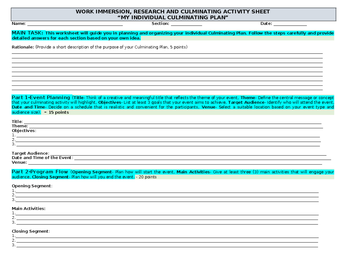 Culminating Activity Proposal & Planning Sheet for Work Immersion - Studocu