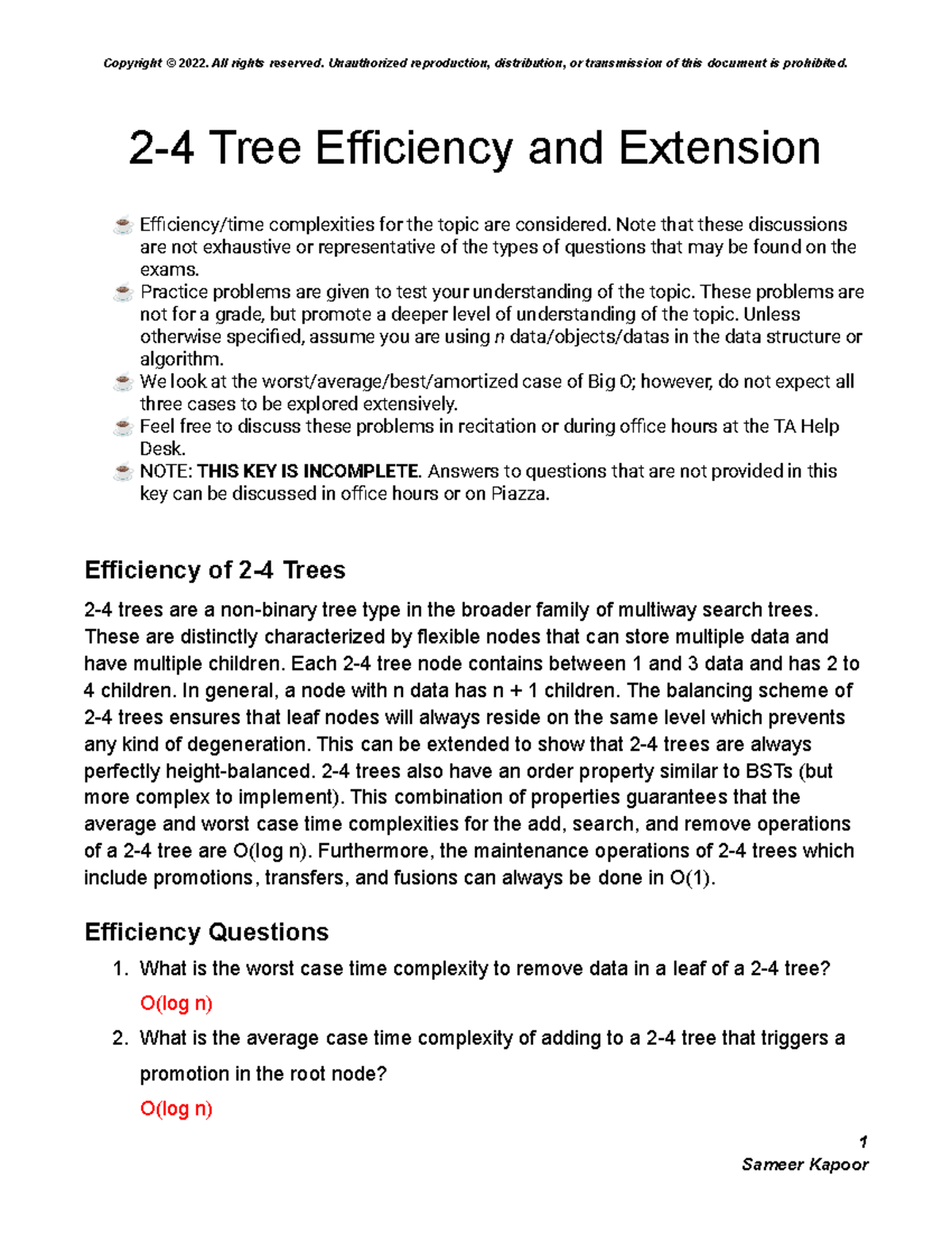 9. [KEY] 2-4 Efficiency and Extension Worksheet - 2-4 Tree Efficiency ...