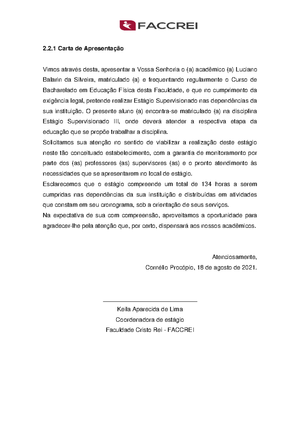 Fichas - 2.2 Carta de Apresentação Vimos através desta, apresentar a ...