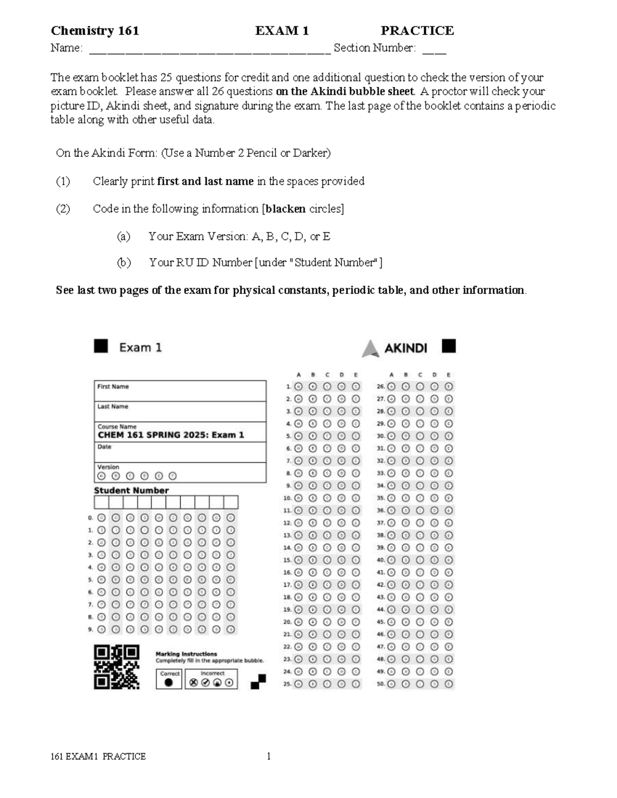 Chemistry 161 Exam 1 Practice Questions and Guidelines - Studocu