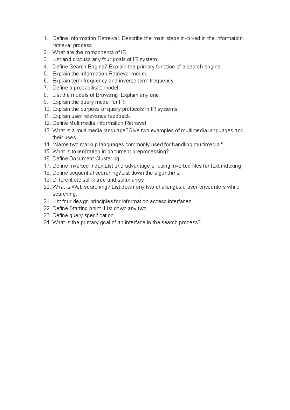 IRS question bank: Information retrieval concepts and models - Studocu