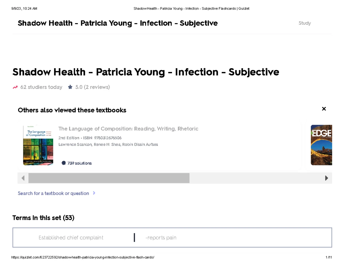 Shadow Health - Patricia Young - Infection - Subjective Flashcards ...