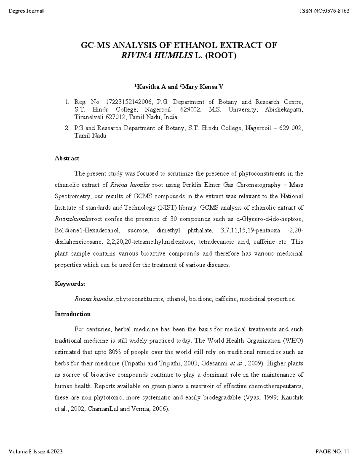 GC-MS Analysis of Ethanol Extract from Rivina humilis Roots - Studocu