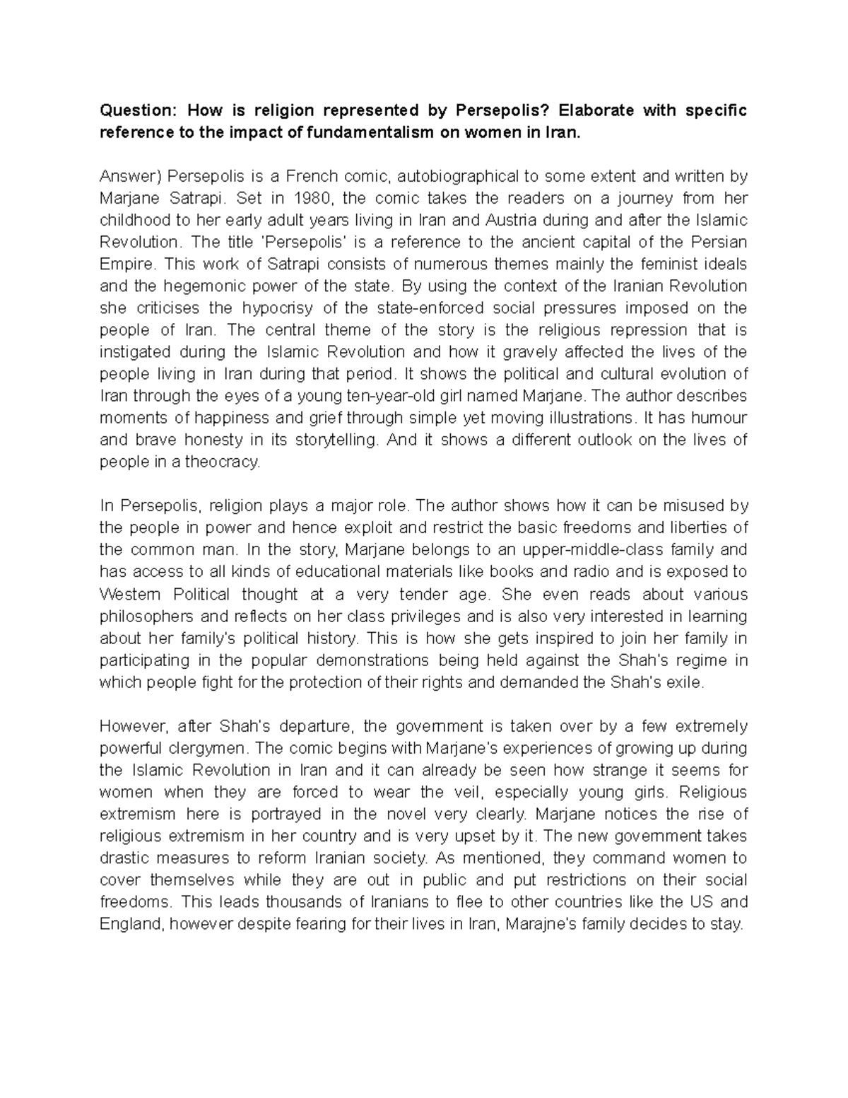 GE English Essay Notes: Religion's Impact in Persepolis - Studocu
