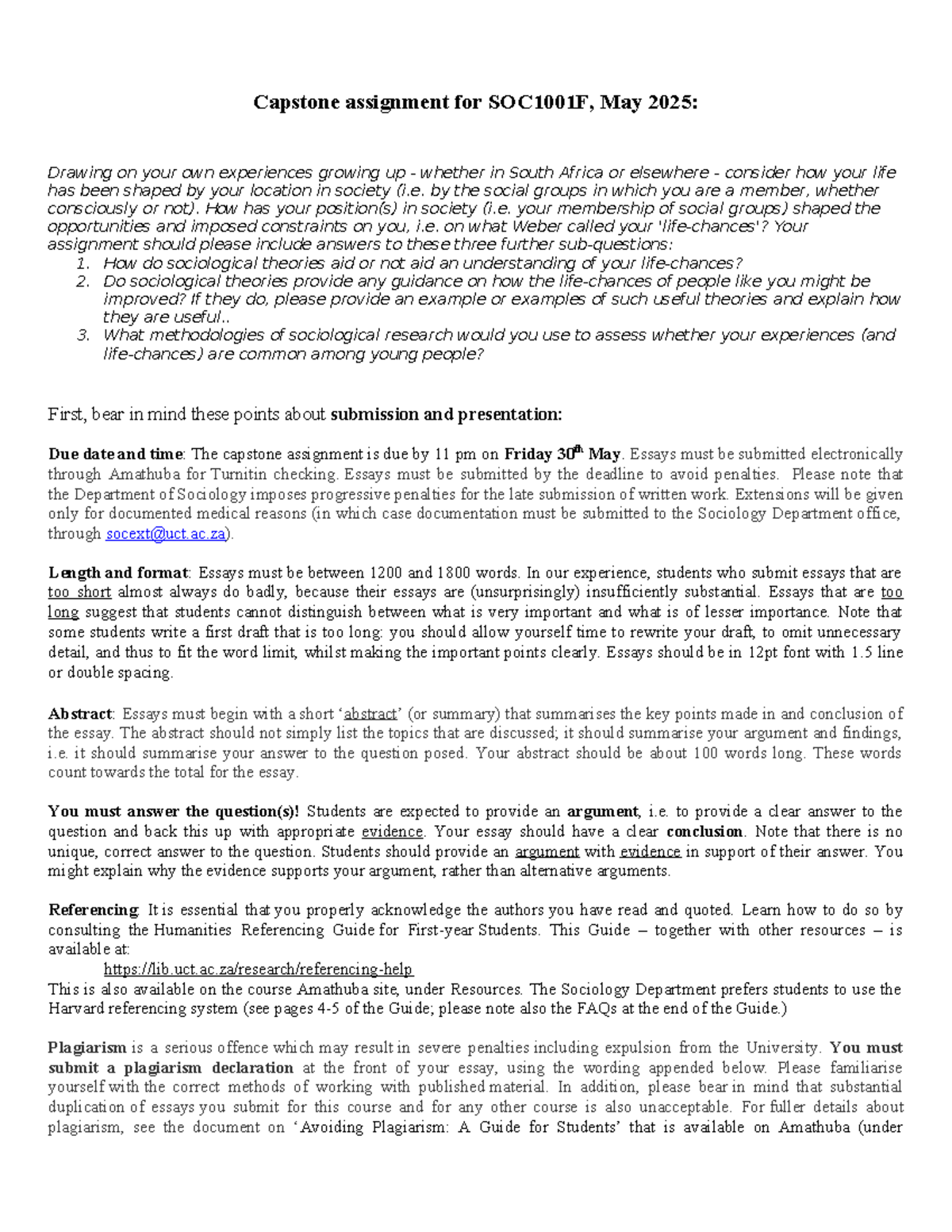Capstone Assignment Guidelines for SOC1001F: Understanding Social ...