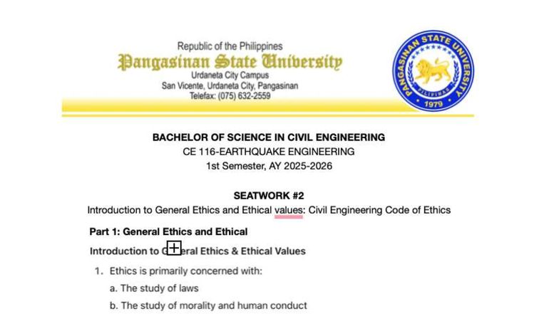 Seatwork 1: CE-Laws Questions on Ethics in Civil Engineering - Studocu