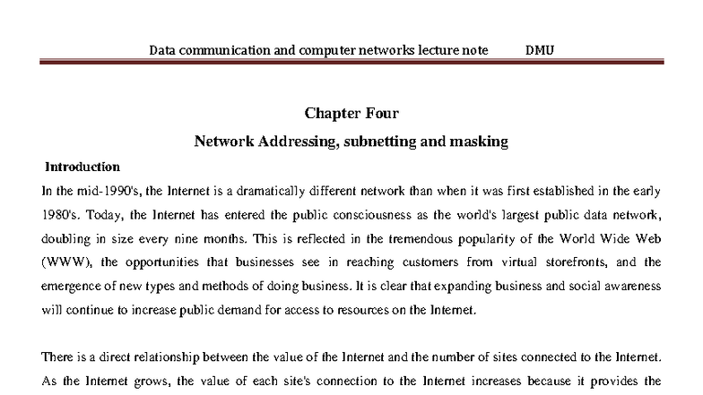 DMU Data Communication Lecture Notes: Chapter 4 - Network Addressing ...