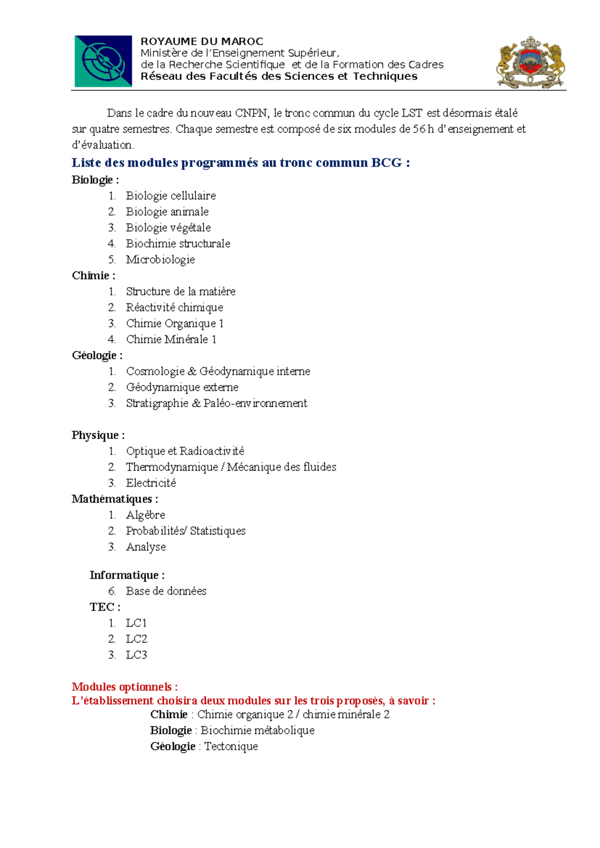 Modules du Tronc Commun BCG - Biologie, Chimie, Physique, Mathématiques, Informatique - Studocu
