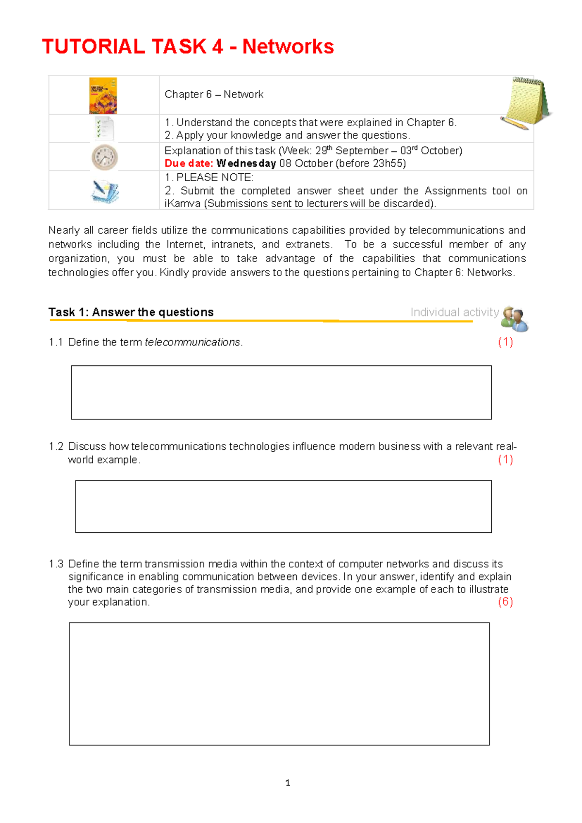 IFS132 Tutorial Task 4: Networks Chapter 6 Overview and Questions - Studocu