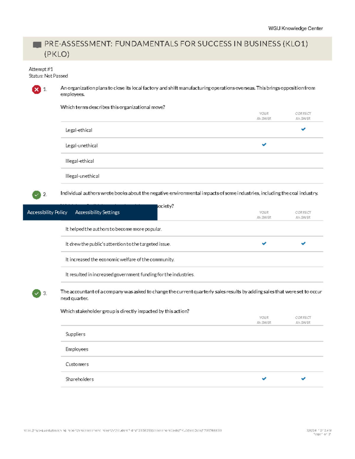 Pre-Assessment Exam: Fundamentals for Success in Business (KLO1) - Studocu