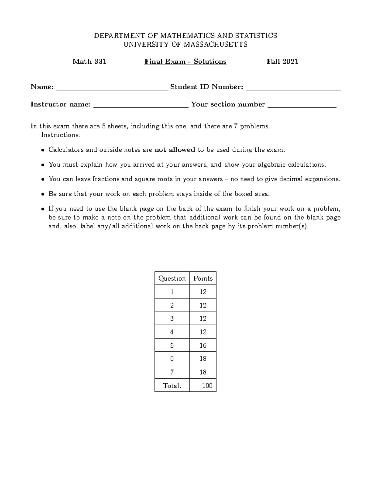 Math 331 Final Exam Review - Solutions Fall 2021 - Studocu