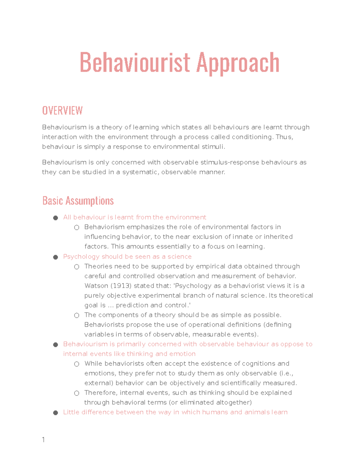 Behaviourist Approach - Behaviourist Approach OVERVIEW Behaviourism is ...