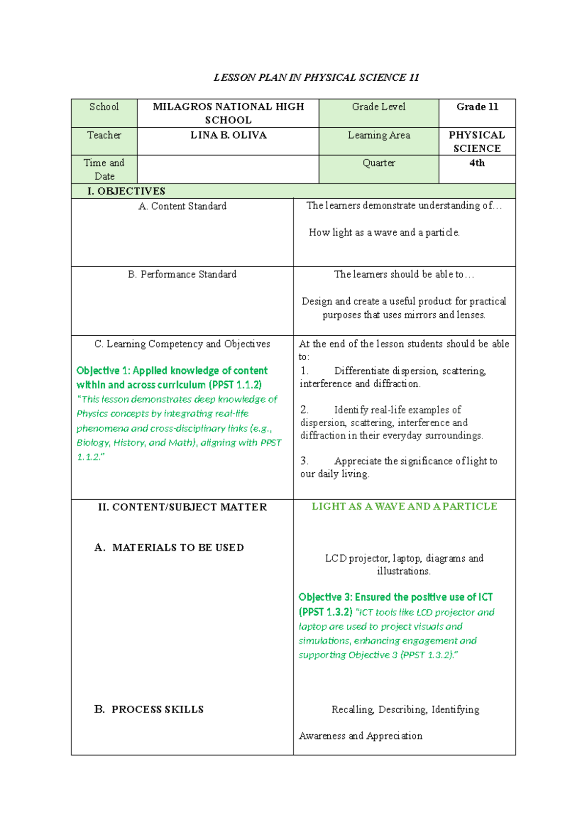 Lesson Plan: Understanding Light as a Wave and Particle in PHYSICAL SCIENCE 11 - Studocu