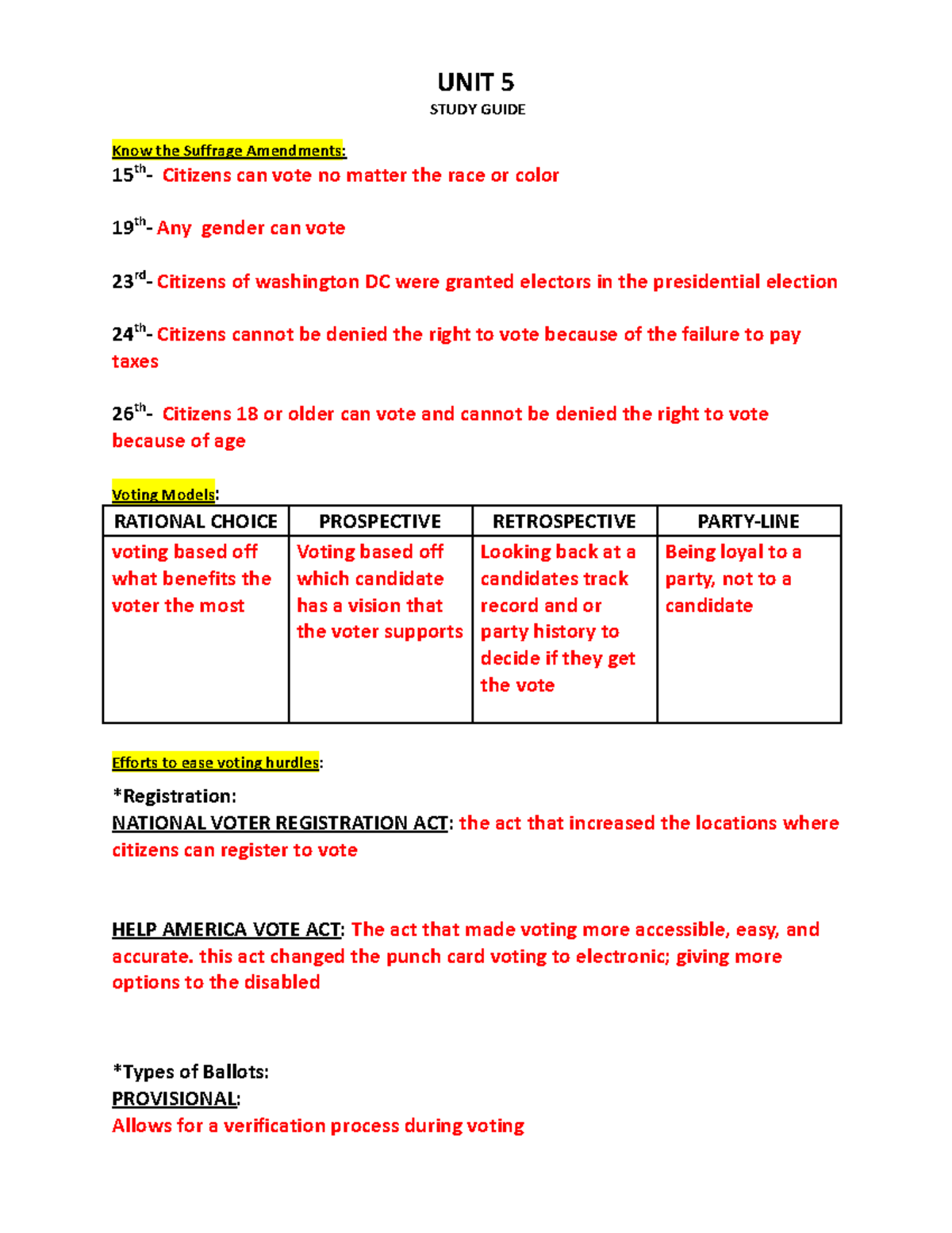 AP U.S. Government & Politics Unit 5: Elections and Voting Study Guide ...