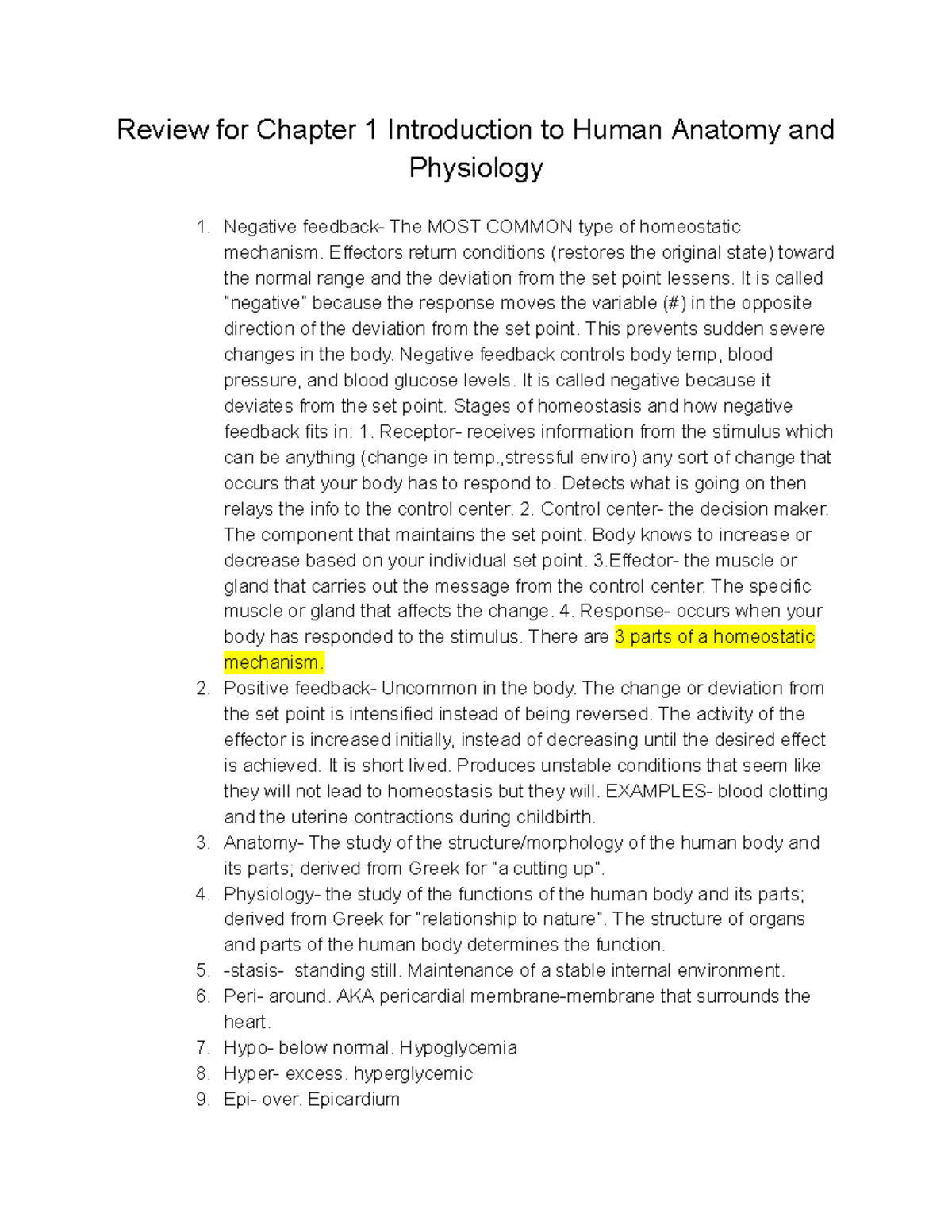 Review for Chapter 1 Introduction to Human Anatomy and Physiology - Effectors return conditions ...