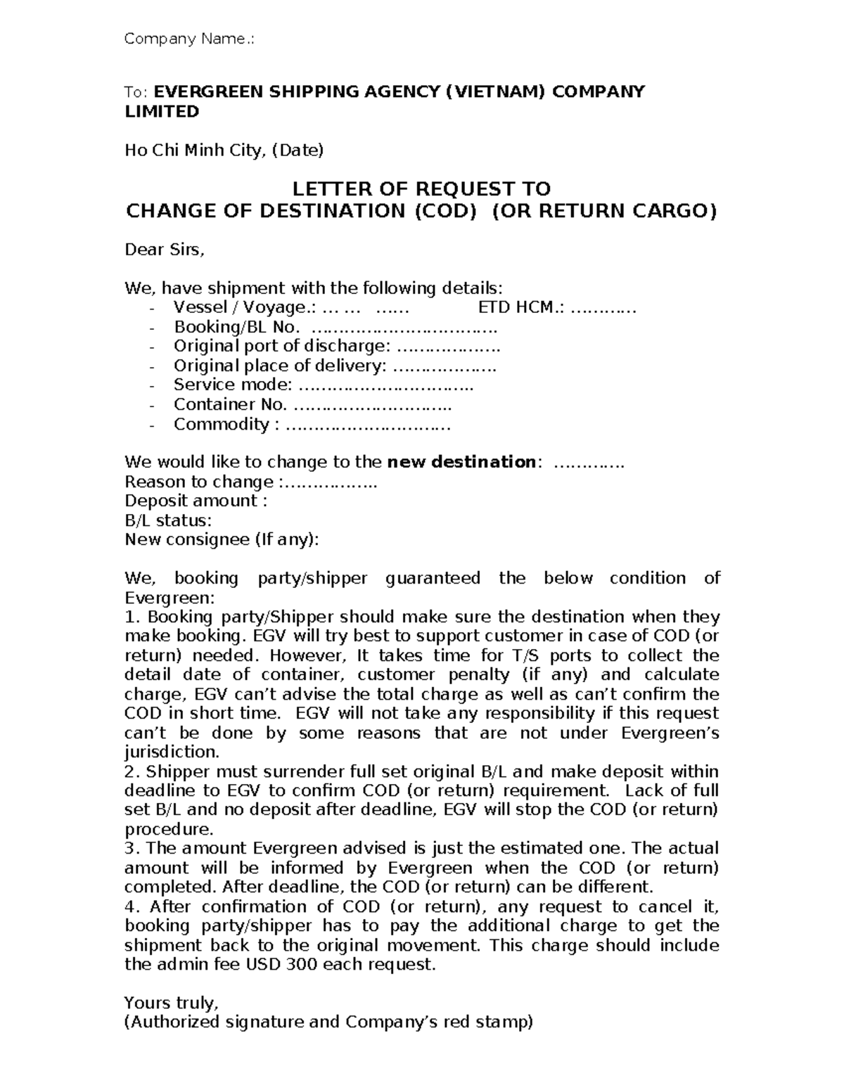 LOI - COD Request for Evergreen Shipping (Vietnam) - Studocu