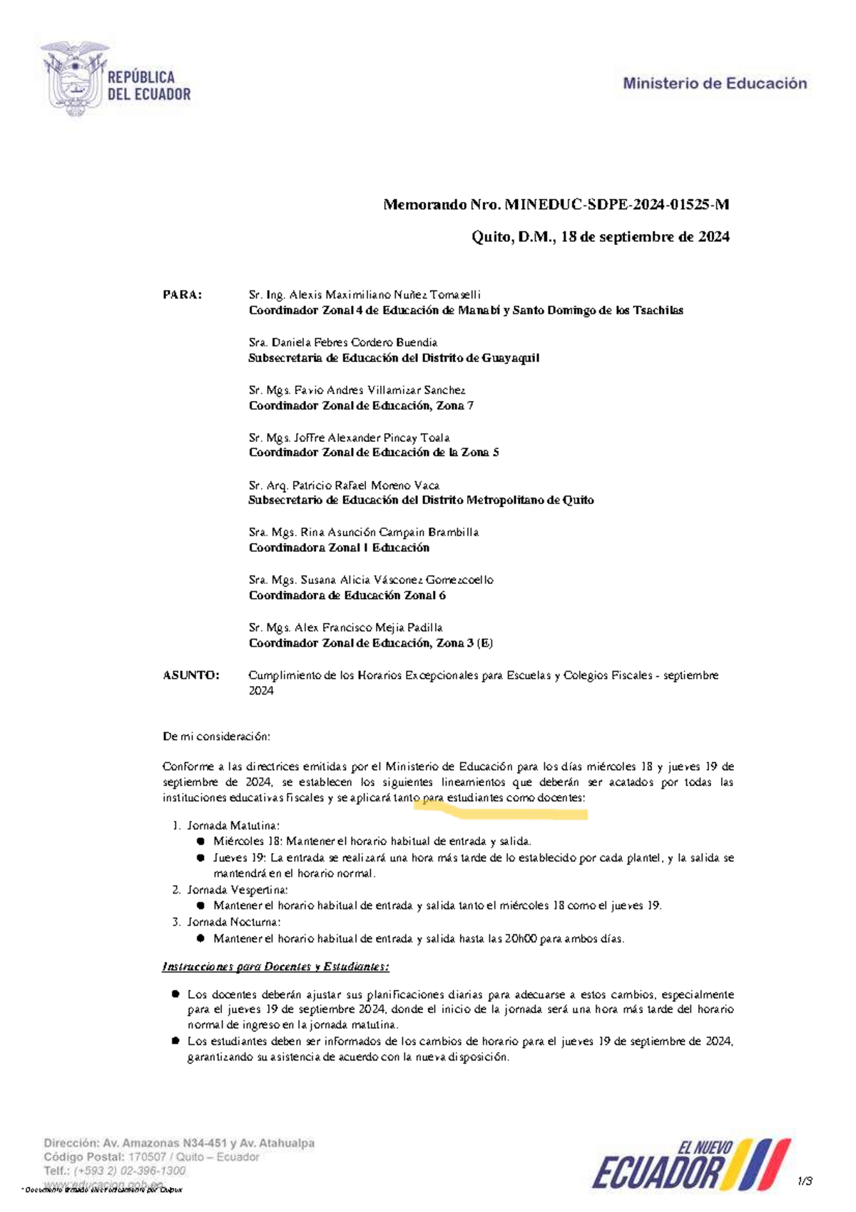 Disposición Mineduc-SDPE-2024-01525-M: Horarios Excepcionales 18-19 ...