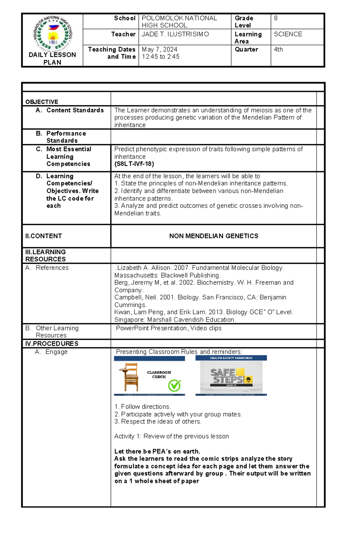 Non-Mendelian Genetics Lesson Plan for Science Grade 8 (S8LT-IVf-18 ...