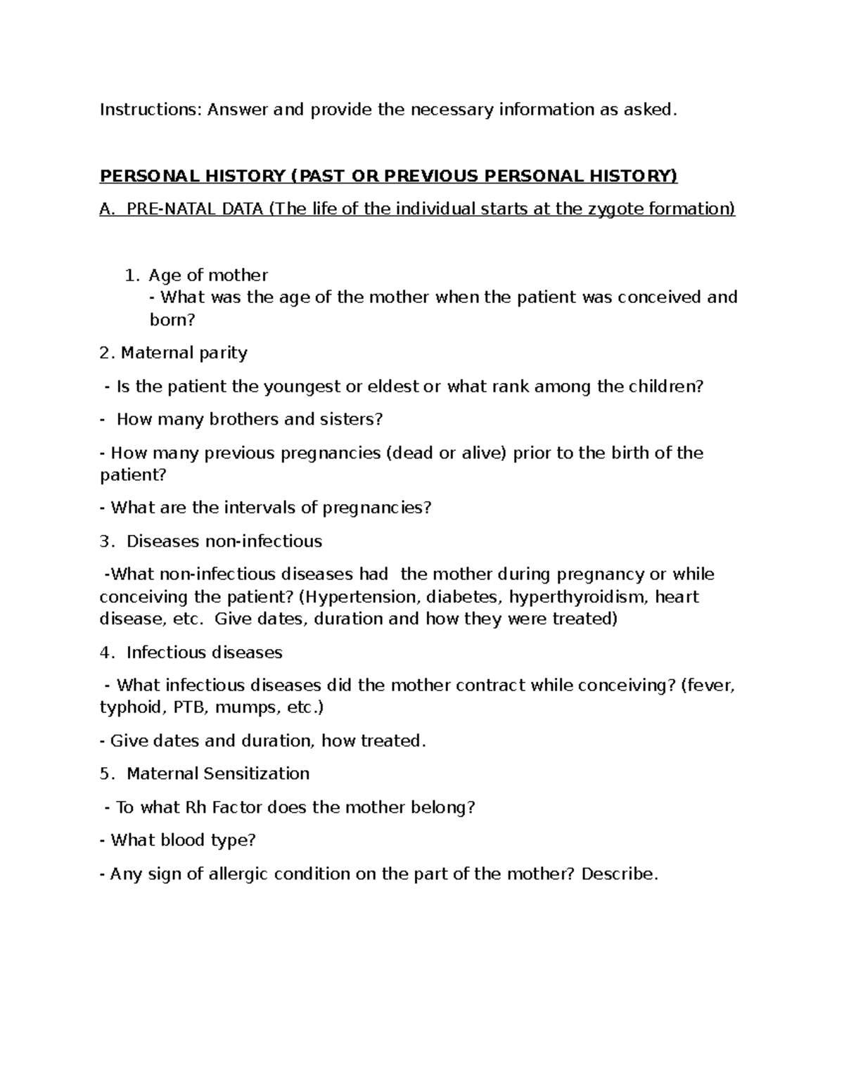 Anamnesis Form: Detailed Patient Personal and Family History - Studocu