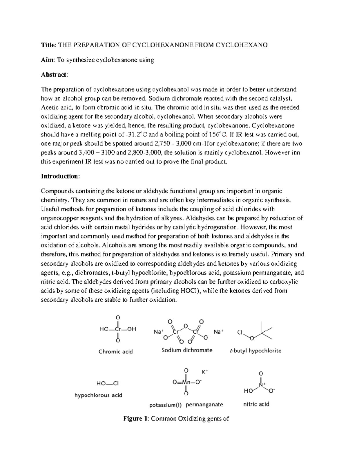 Practical 2: Synthesis of Cyclohexanone from Cyclohexanol in OC1 - Studocu