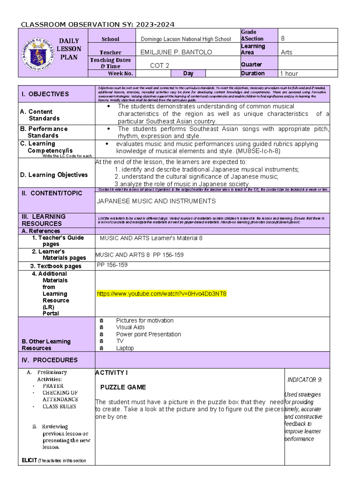 COT 2: Daily Lesson Plan on Japanese Music and Instruments - Studocu