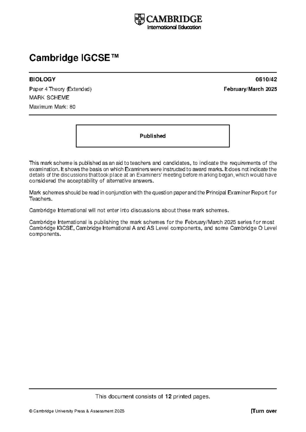 Cambridge IGCSE BIOLOGY Paper 4 Theory (Extended) 2025 Mark Scheme ...