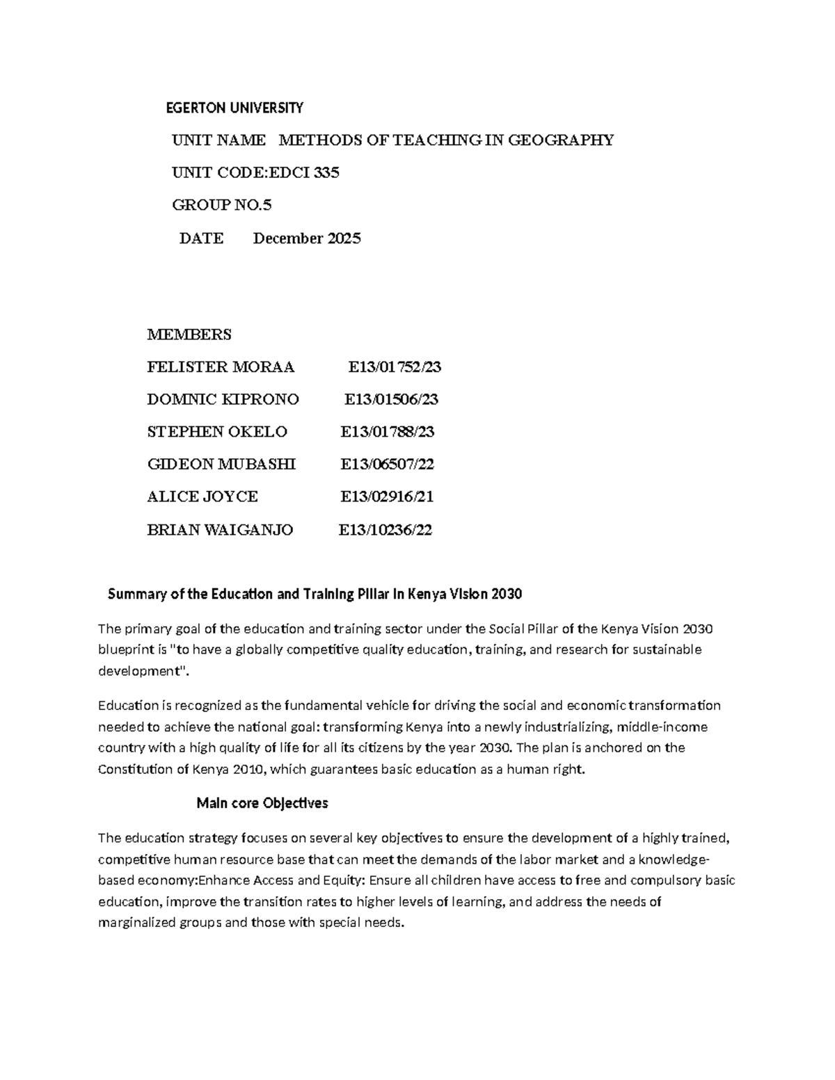 EDCI 335: Summary of Education & Training in Kenya Vision 2030 - Studocu
