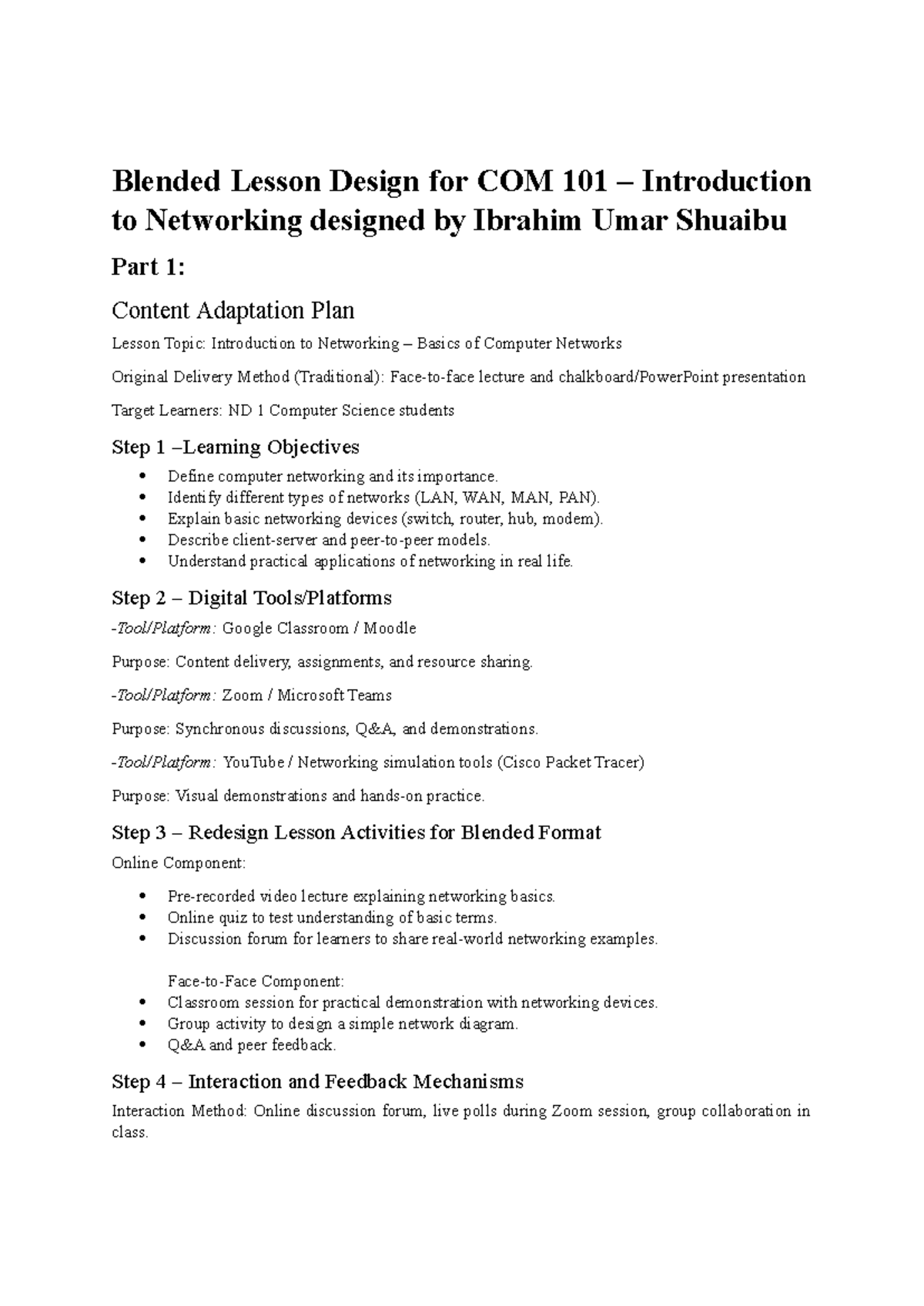 Blended Lesson Design for COM 101: Intro to Networking Basics - Studocu